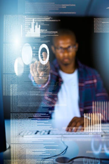 Man, Hand and Programmer in Office with Hologram, Selection and Dashboard for Web Design. Person ...