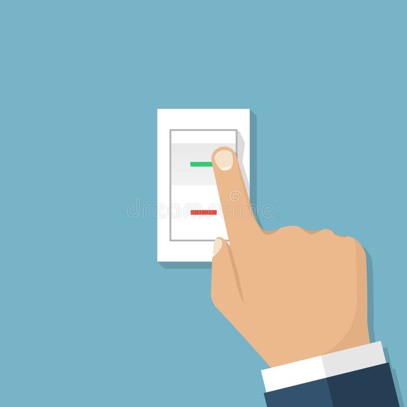 To Turn on the Light. the Man Presses the Switch Button with His Finger ...