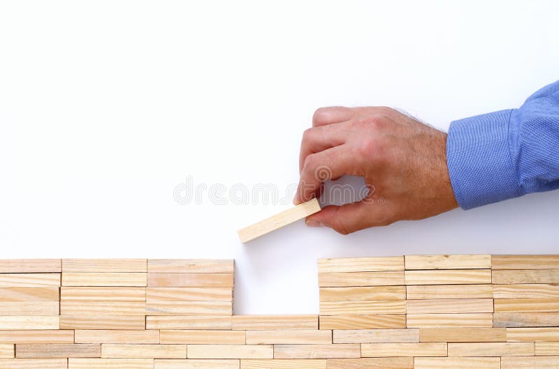 Man Hand Putting Brick Over the Gap between Problem and Solution Stock ...