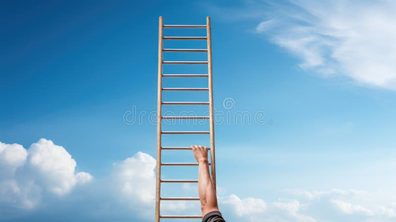 Man Hand Reaching the Ladder Step that Leading To the High To Sky Stock ...