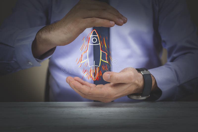 Man hand rockets in screen stock photo. Image of design - 173519370
