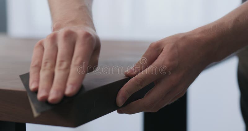 Man Hand Sanding Toned Walnut Table Surface before Applying Finish ...
