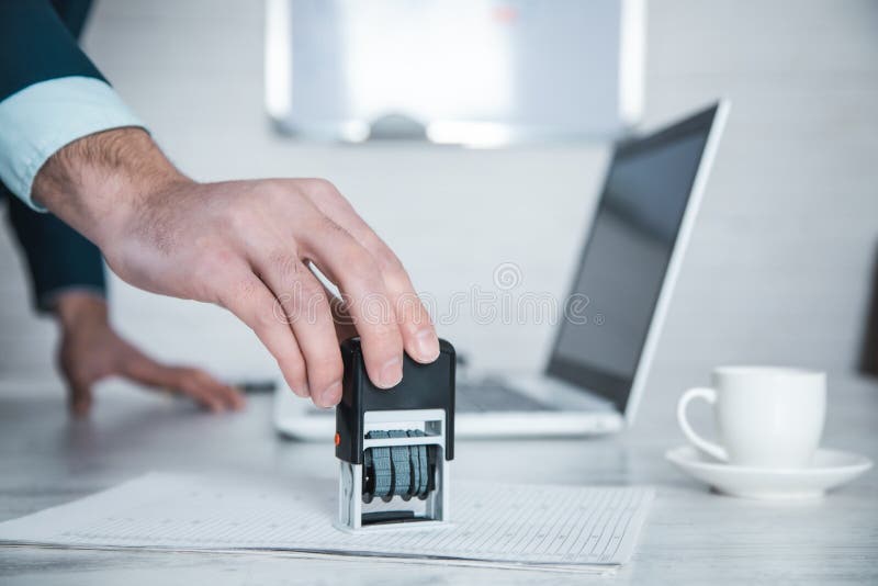 Man Hand Seal with Computer on the Table. Stock Photo - Image of ...