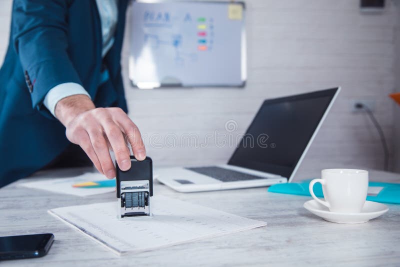 Man Hand Seal and Document with Computer Stock Image - Image of ...