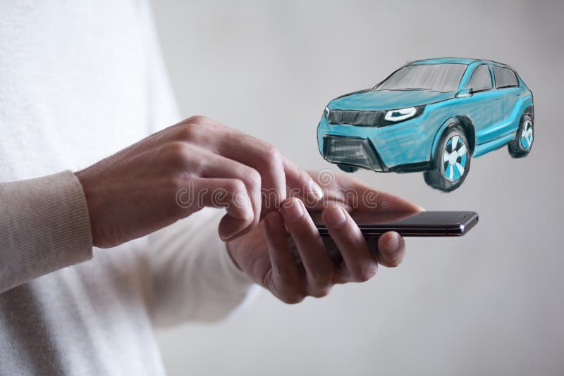 Man Hand Smart Phone with Car in Screen Stock Photo - Image of phone ...