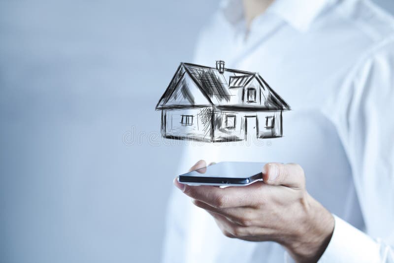 Man Hand Smart Phone and House Model in Screen Stock Image - Image of ...