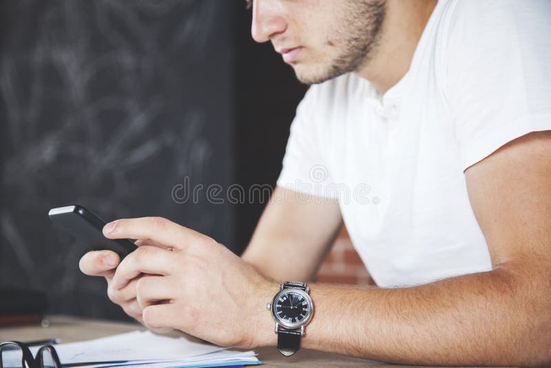 Man hand smart phone stock photo. Image of smart, white - 153911736