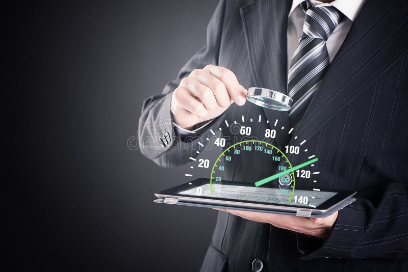 Man Hand Speedometer in His Tablet in Screen Stock Image - Image of ...
