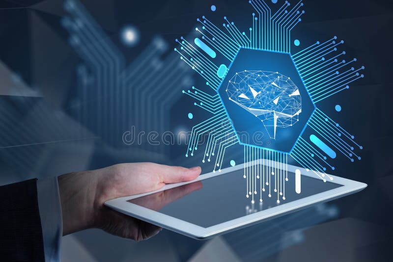 Man Hand With Tablet Ai Brain Hologram Stock Image Image Of