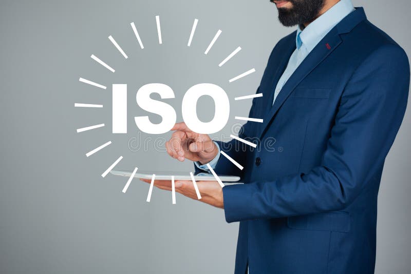 .man Hand Tablet with Iso Text in Screen. Stock Photo - Image of ...