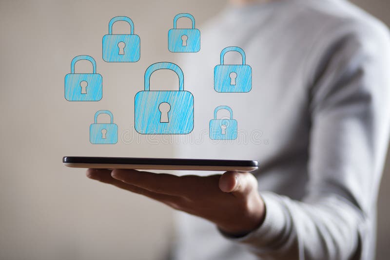 Man Hand Tablet and Lock in Screen Stock Photo - Image of technology ...