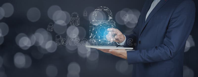 Man Hand Tablet with Lock in Screen. Stock Photo - Image of protection ...
