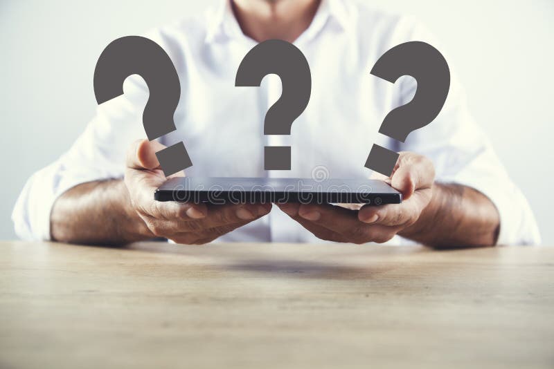 Man Hand Tablet with Question Mark Stock Photo - Image of flowchart ...