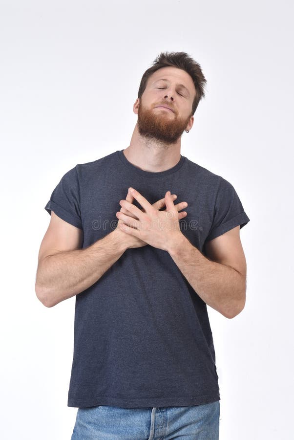 Man with Hand on Heart on White Background Stock Image - Image of ...