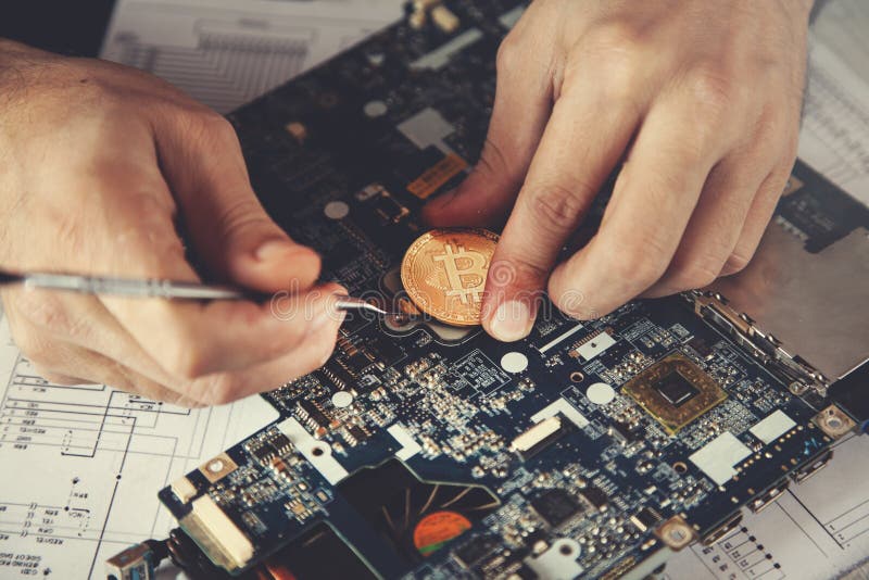 Man Hand Bitcoin Mining Concept Stock Photo - Image of financial ...