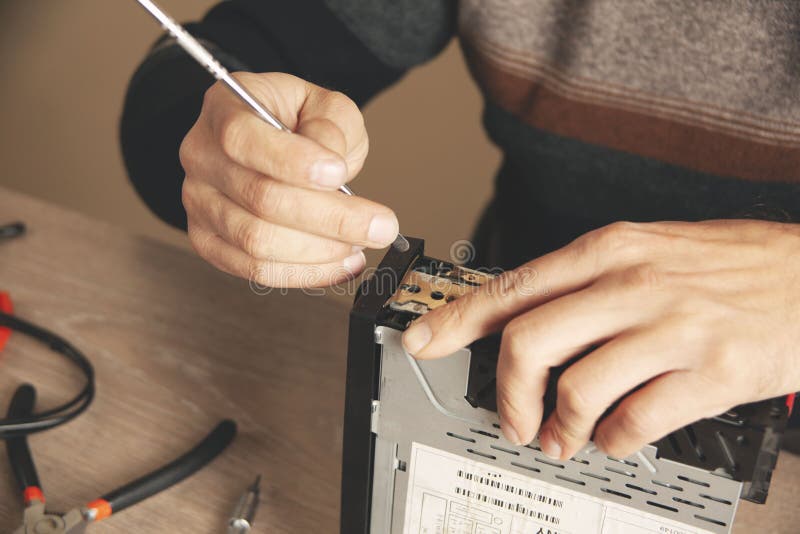 Man Hand Tool with Processor on Table. Stock Photo - Image of circuit ...