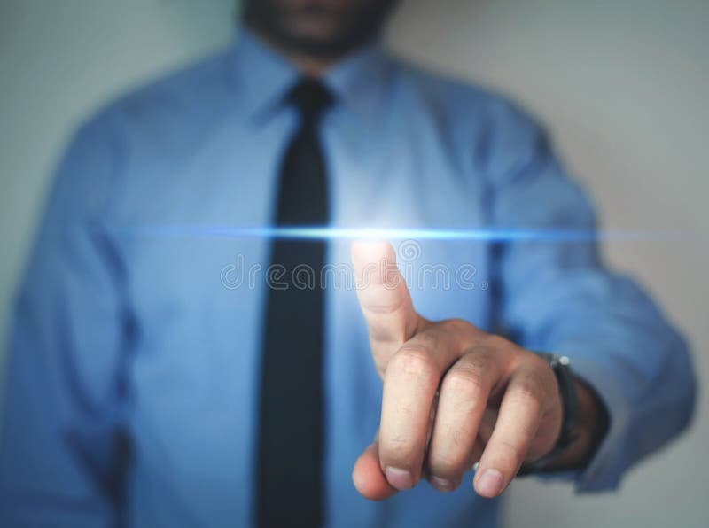 Man Hand Touch on a Blue Light. Stock Photo - Image of virtual, finger ...