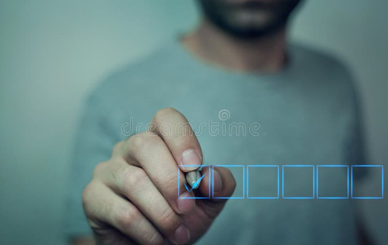 Hand touch on a checkbox. stock image. Image of blue - 113083375