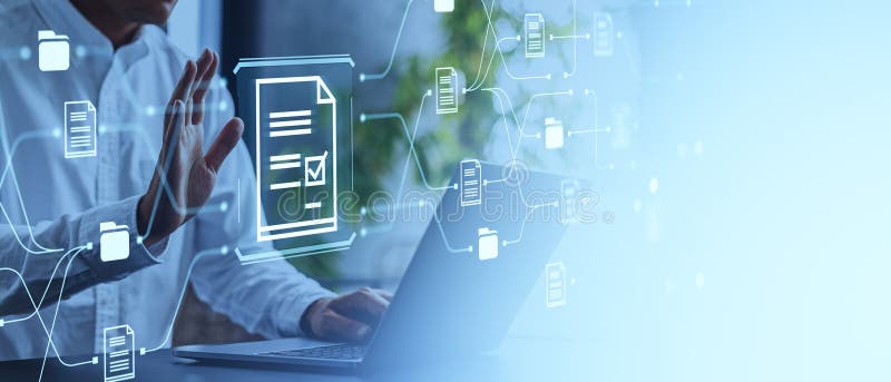 Man Hand Touch Document Management System and Files Hologram, Copy ...