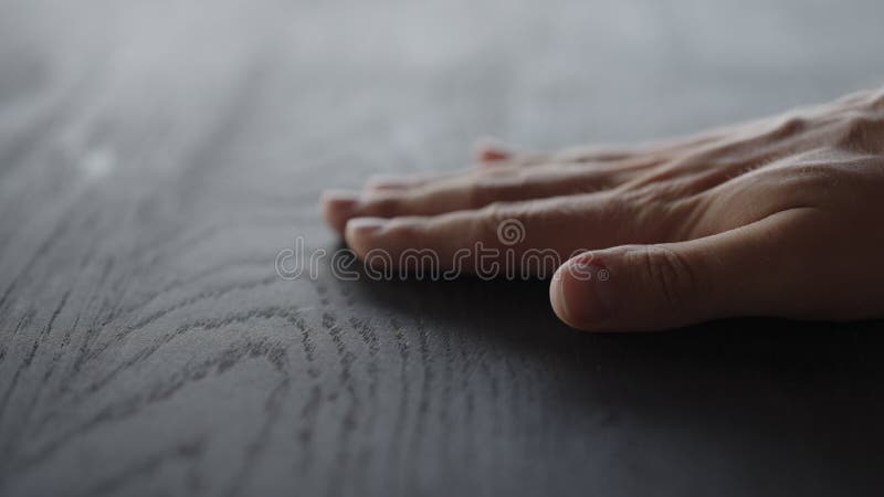 Man Hand Touches Black Oak Table Surface Stock Photo - Image of closeup ...