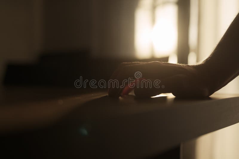 Man Hand Touches Black Walnut Dining Table Fingertapping Stock Photo ...