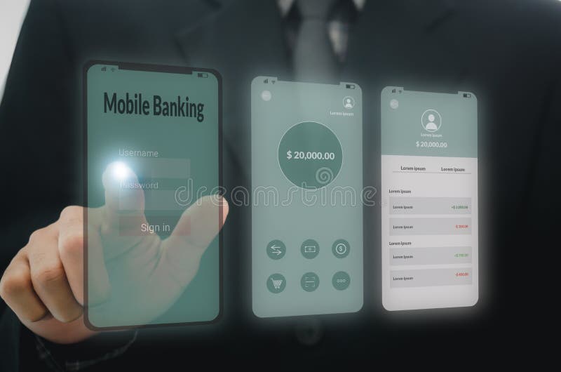 Man Hand Touching Application Mobile Banking Interface UI on a ...