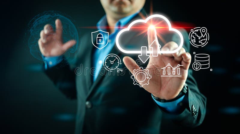 Man Hand Touching a Cloud Computing Shown in Hand Cloud Technology Data Storage, Data Transfer ...