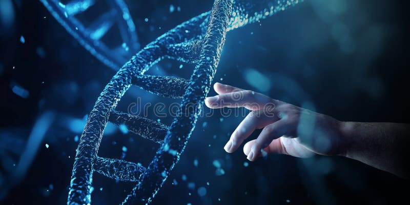 Man Hand Touching DNA Digital Hologram on Dark Blue Background ...