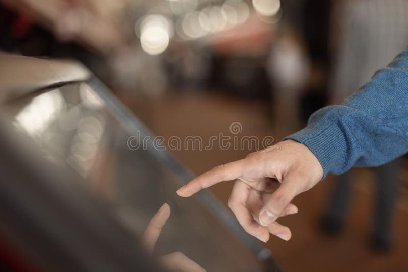 Man Hand Touching Interactive Touchscreen Display Kiosk Stock Photo ...