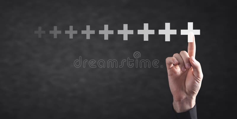 Man Hand Touching Plus Sign. Positive, Benefit, Development Stock Image ...