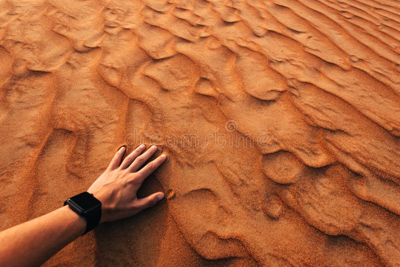 Man Hand is Touching Sand in Desert Stock Image - Image of yellow ...