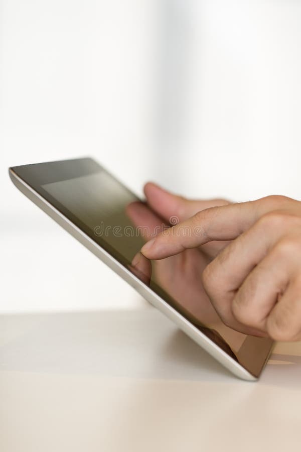 Man Hand Touching Screen on Digital Tablet Pc. Close-up. Stock Photo ...