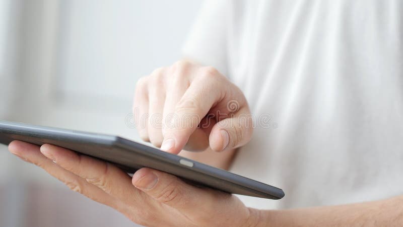 Man Hand Touching Screen on Modern Digital Tablet Pc Stock Photo ...