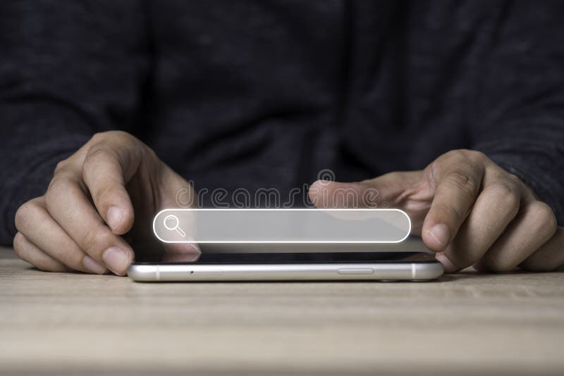Man Hand Touching on Smart Mobile Phone To Input Wording for Searching ...