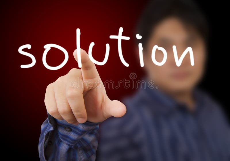 Man Hand Touching on Solution Button Stock Image - Image of futuristic ...