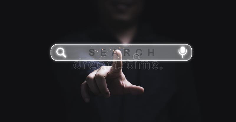 Man Hand Touching To Virtual Screening Searching Icon for Web Search Engine Concept Stock Photo ...