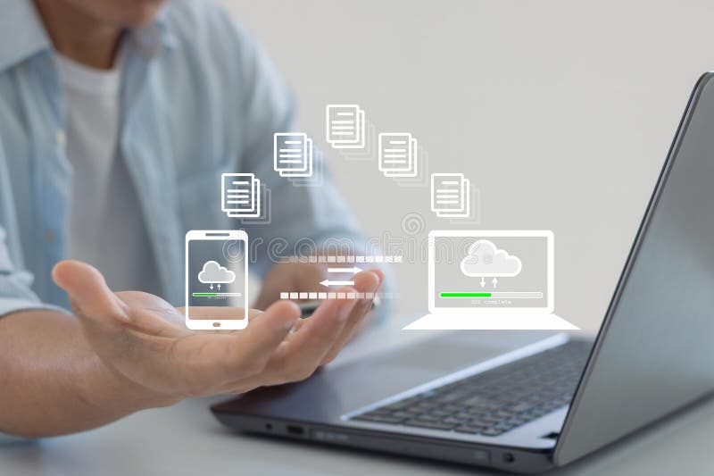 Man Hand Transfer File in Screen, Smartphone and Laptop Data Transfer ...