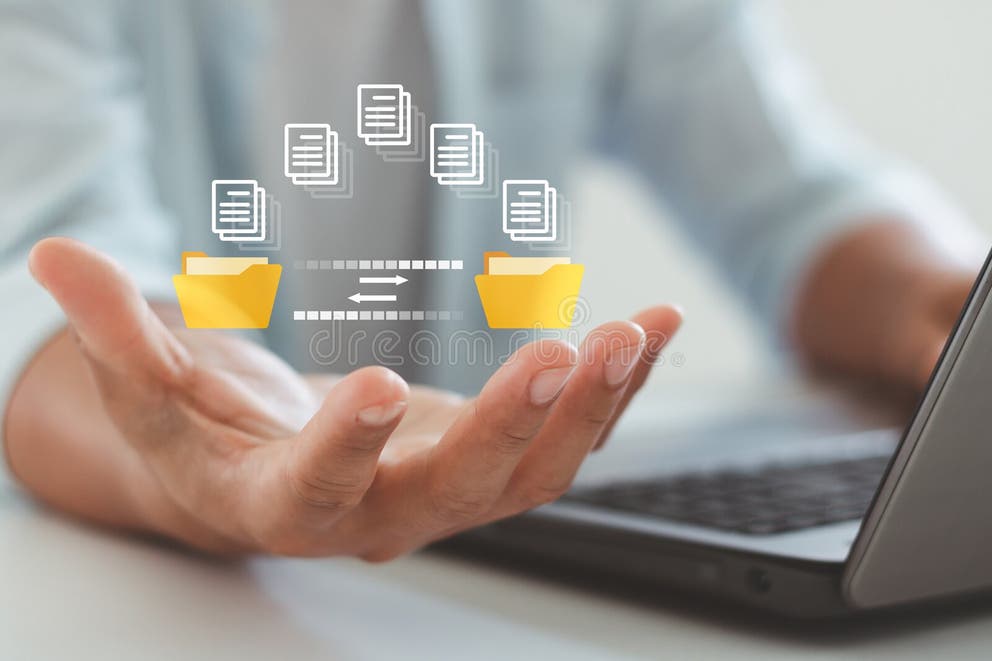 Man Hand Transferring Files in Virtual Screen for Send of Document on ...