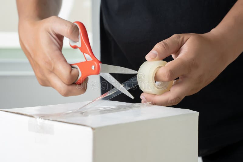Man Hand Transparent Man Packing Box Adhesive Tape. Stock Image - Image ...