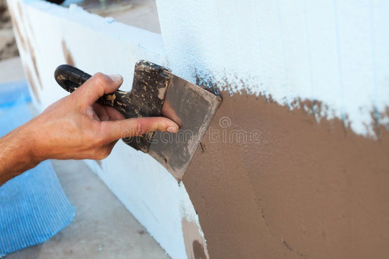 Man Hand with Trowel Plastering a Wall. Stock Photo - Image of skim ...
