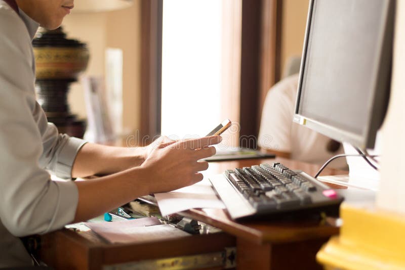 Man Hand Use Phone and Pc Computer Internet Stock Photo - Image of desk ...