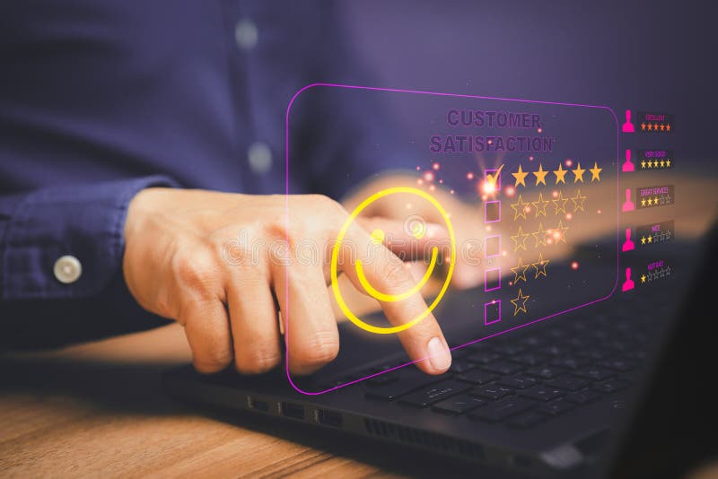 Man Hand Using Computer Laptop with Popup Five Star Icon for Feedback ...