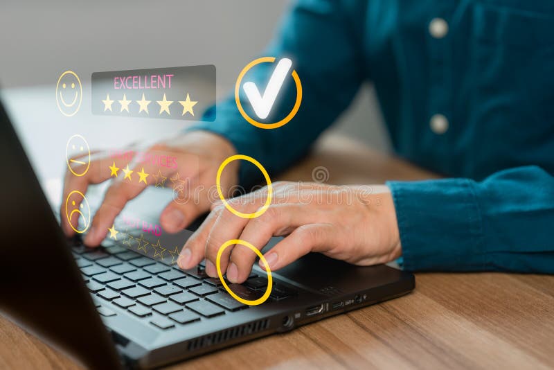 Man Hand Using Computer Laptop with Popup Five Star Icon for Feedback ...