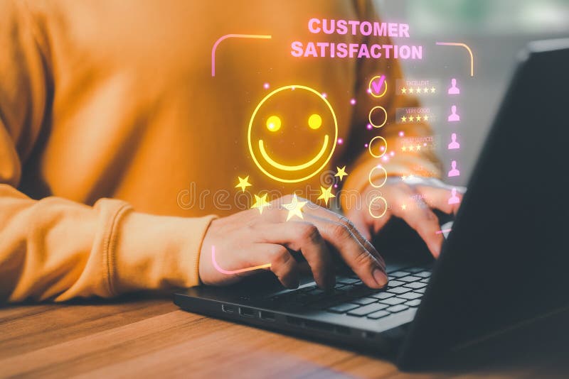 Man Hand Using Computer Laptop with Popup Five Star Icon for Feedback ...