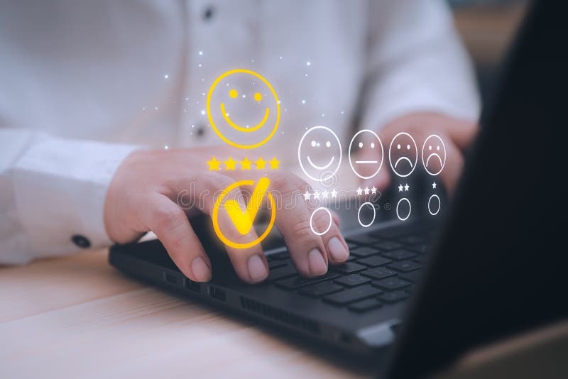 Man Hand Using Computer Laptop with Popup Five Star Icon for Feedback ...