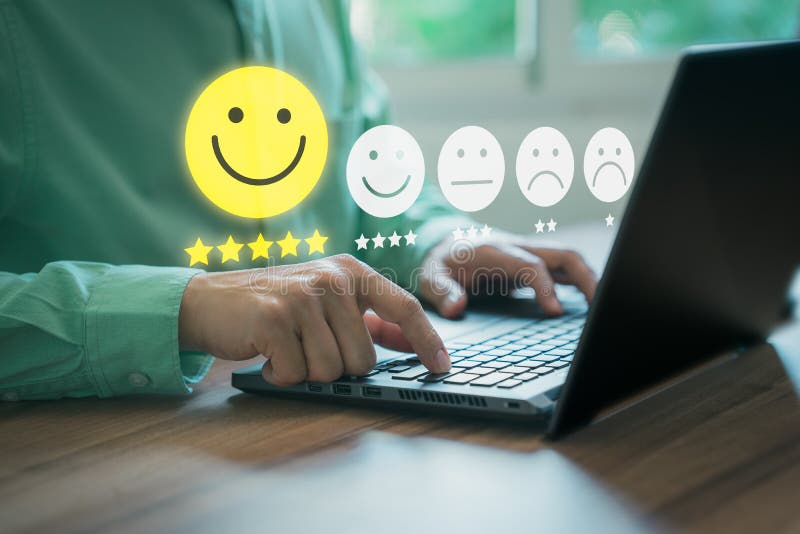 Man Hand Using Computer Laptop with Popup Five Star Icon for Feedback ...