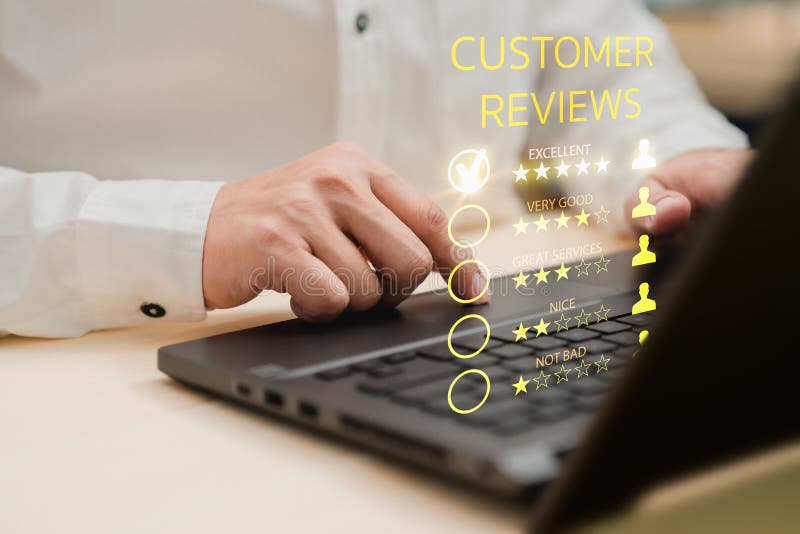Man Hand Using Computer Laptop with Popup Five Star Icon for Feedback ...