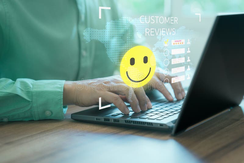 Man Hand Using Computer Laptop with Popup Five Star Icon for Feedback ...