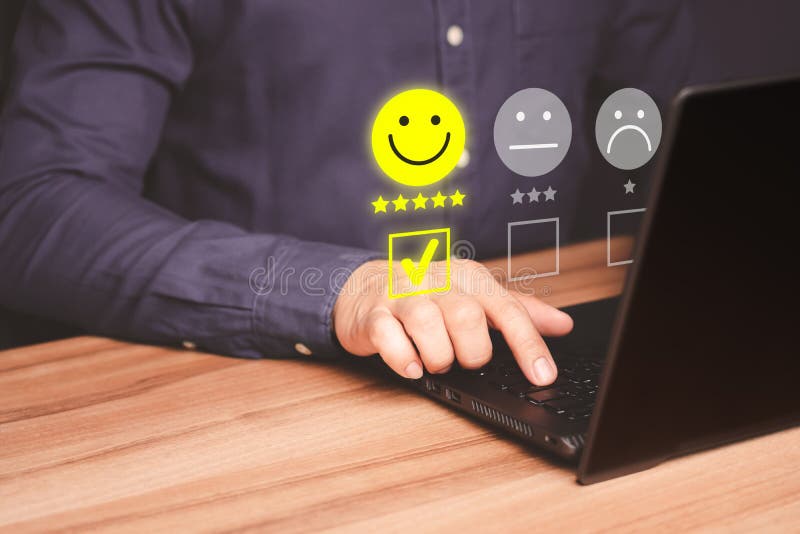 Man Hand Using Computer Laptop with Popup Five Star Icon for Feedback ...