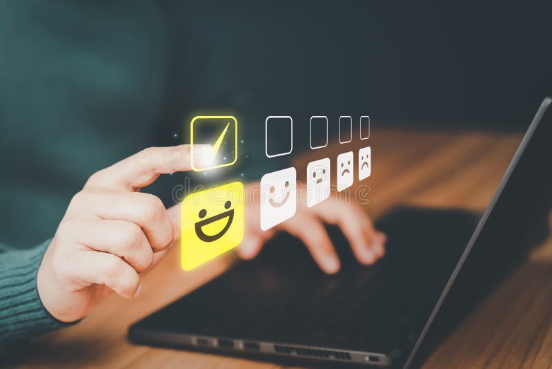 Man Hand Using Computer Laptop with Popup Five Star Icon for Feedback ...